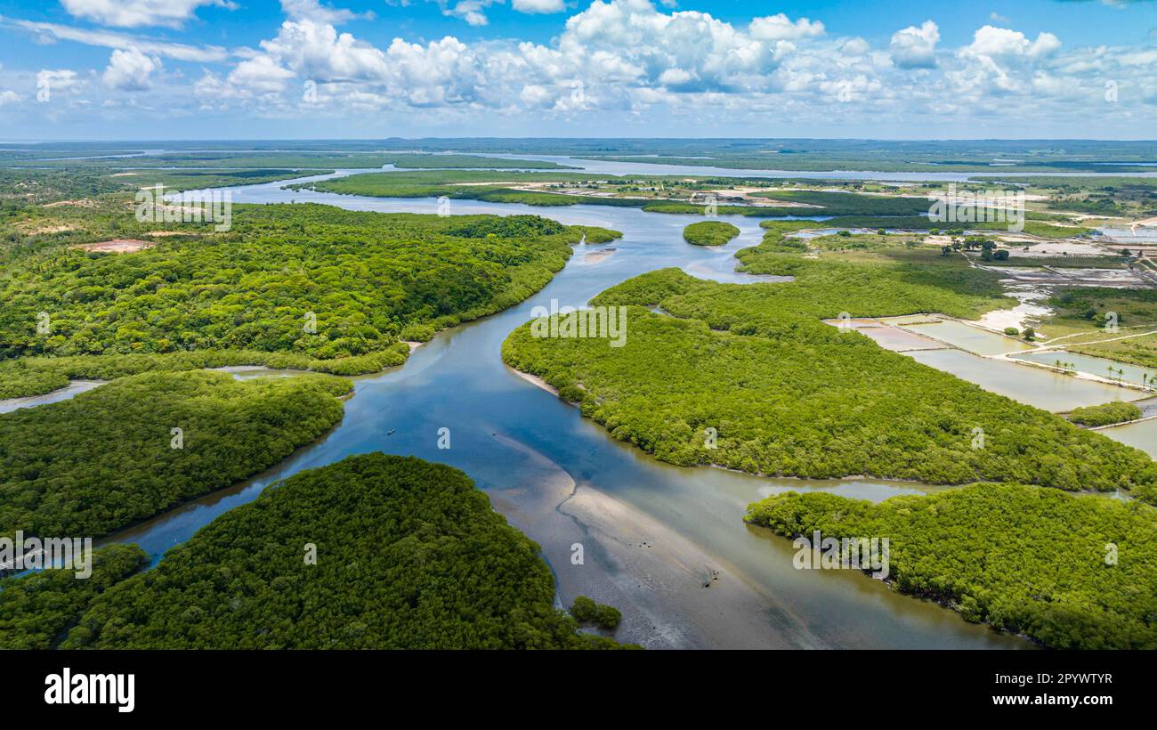 Aerial of the Vaza-Barris river, Unesco site Sao Cristovao, Sergipe ...