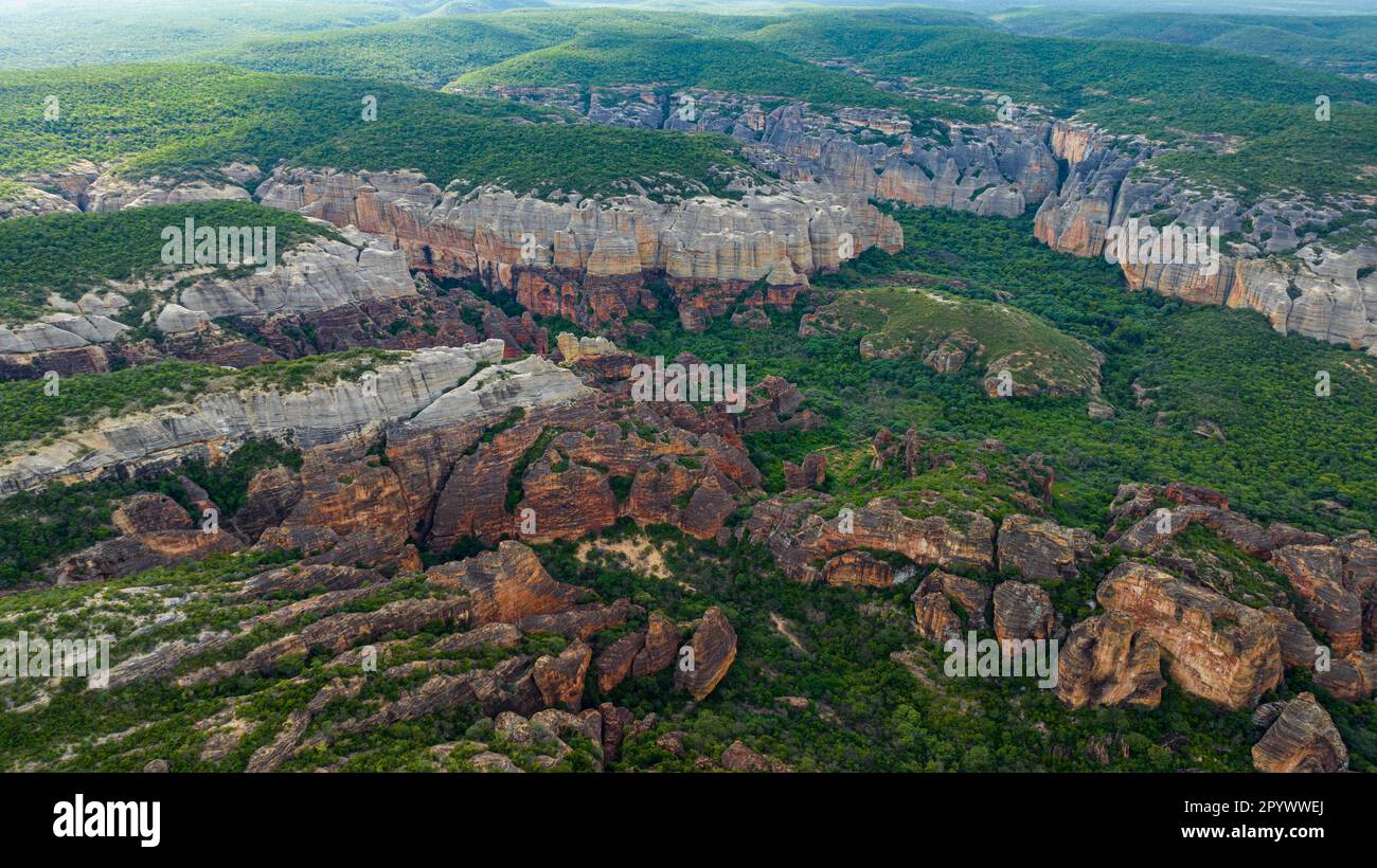 Aerial of the Sandstone cliffs in the Unesco site Serra da Capivara ...