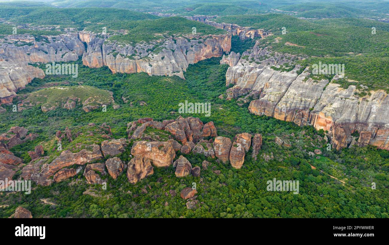 Aerial of the Sandstone cliffs in the Unesco site Serra da Capivara ...