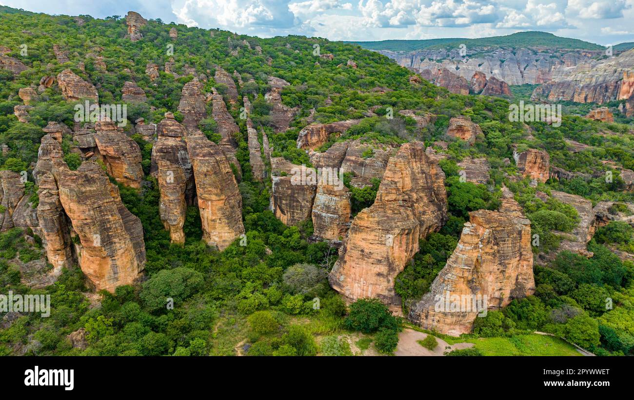 Aerial of the Sandstone cliffs in the Unesco site Serra da Capivara ...