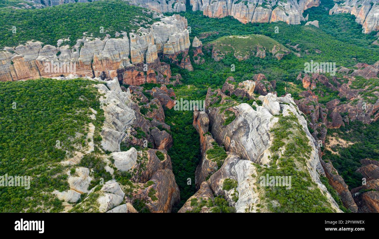 Aerial of the Sandstone cliffs in the Unesco site Serra da Capivara ...