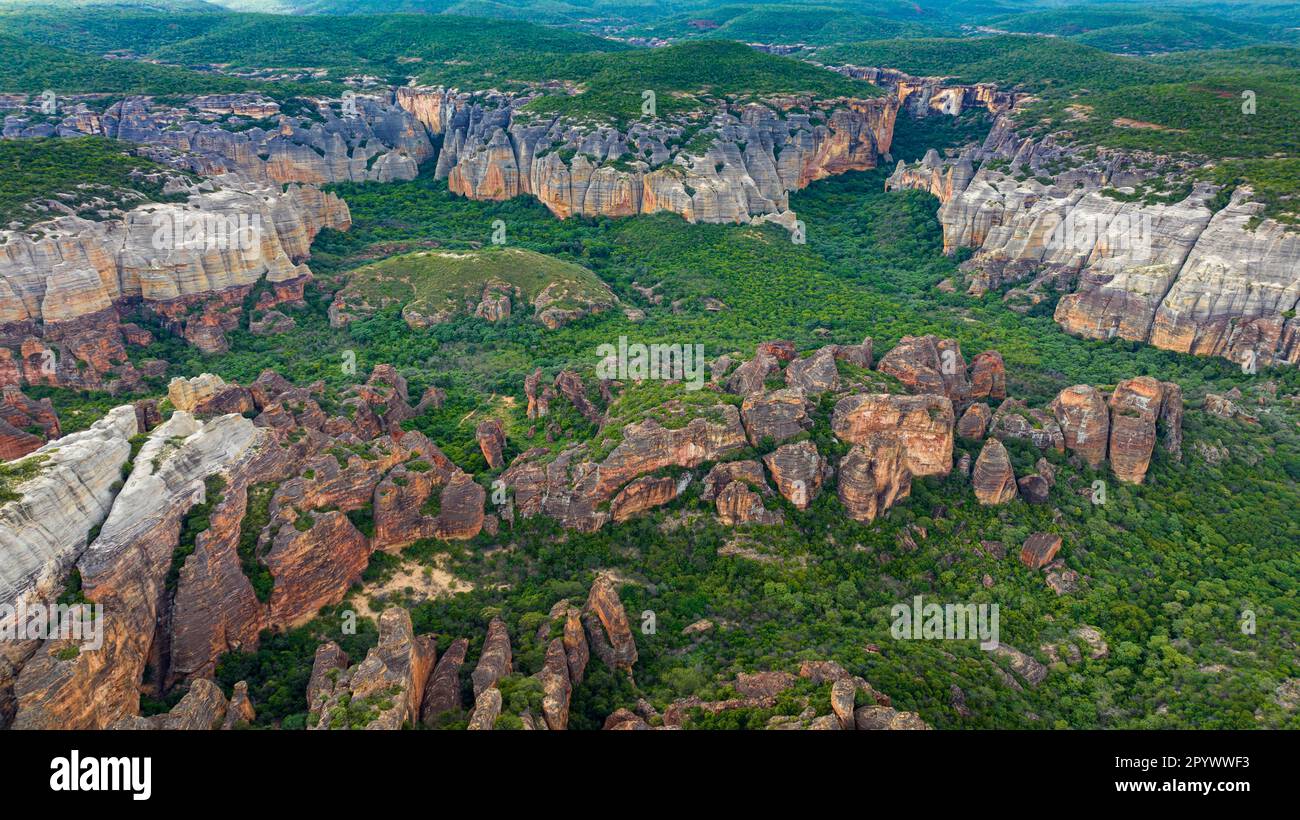 Aerial of the Sandstone cliffs in the Unesco site Serra da Capivara ...