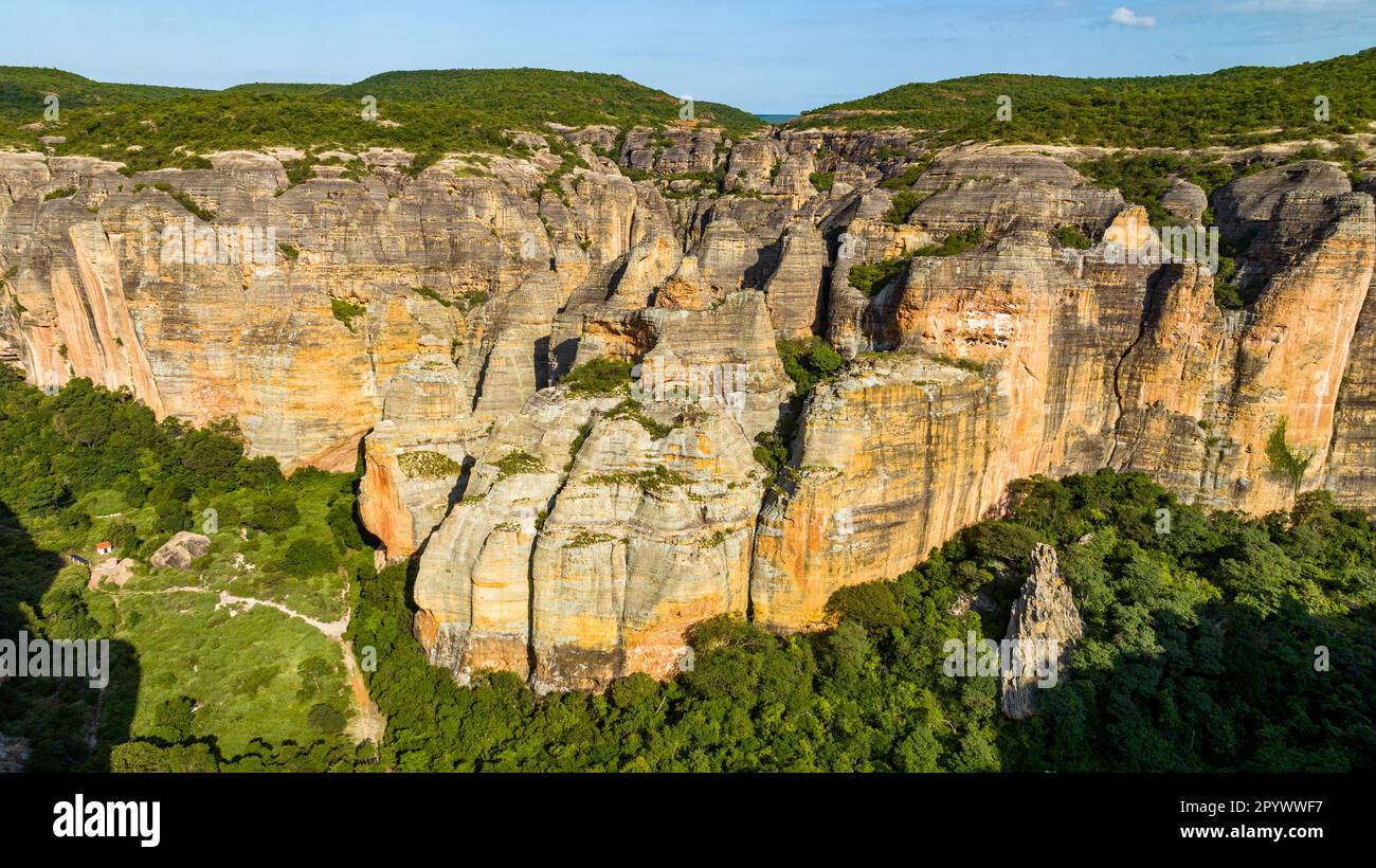 Aerial of the Sandstone cliffs in the Unesco site Serra da Capivara ...
