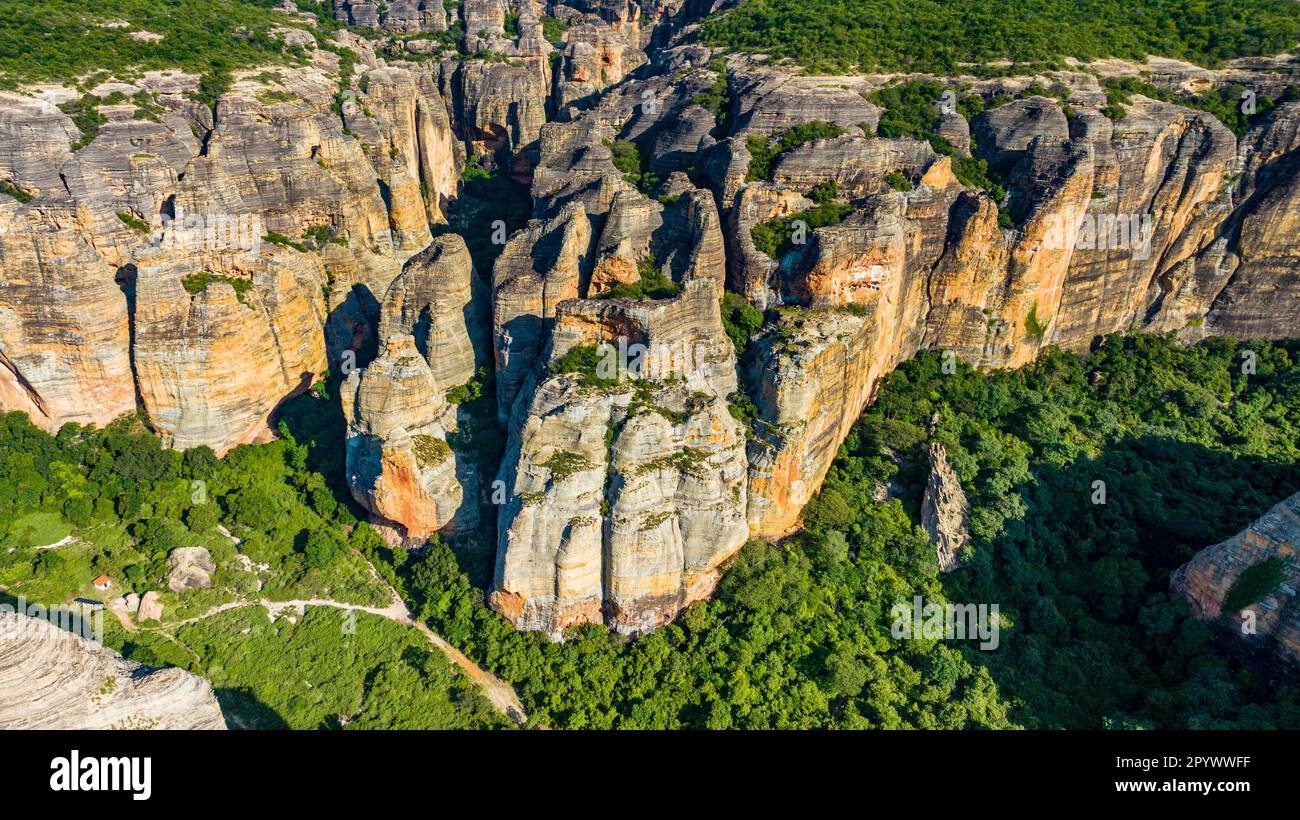 Aerial of the Sandstone cliffs in the Unesco site Serra da Capivara ...