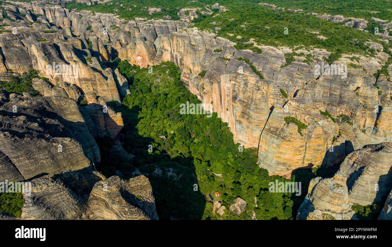 Aerial of the Sandstone cliffs in the Unesco site Serra da Capivara ...
