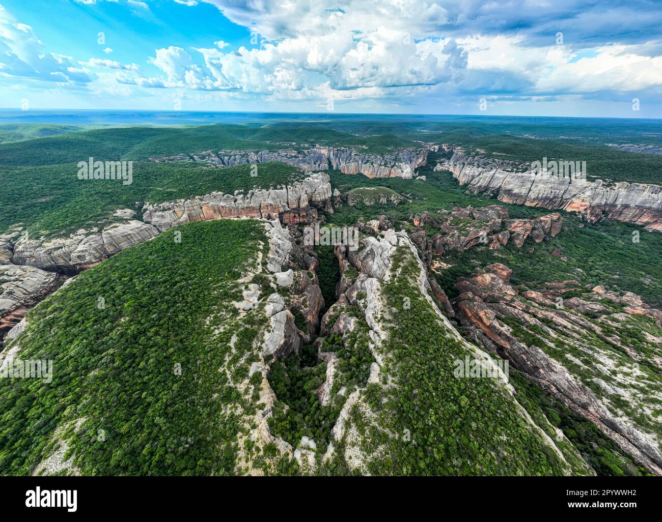 Aerial of the Sandstone cliffs in the Unesco site Serra da Capivara ...