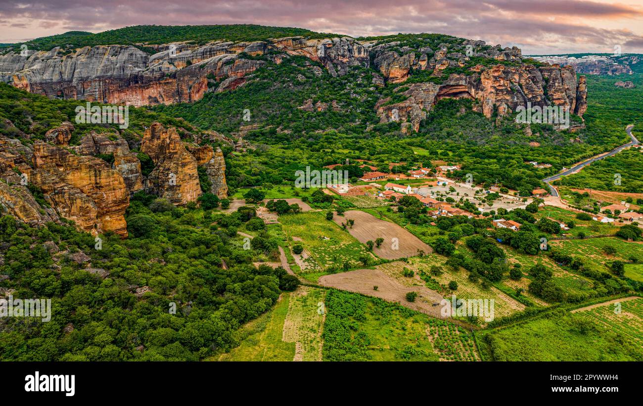 Aerial of the Sandstone cliffs in the Unesco site Serra da Capivara ...