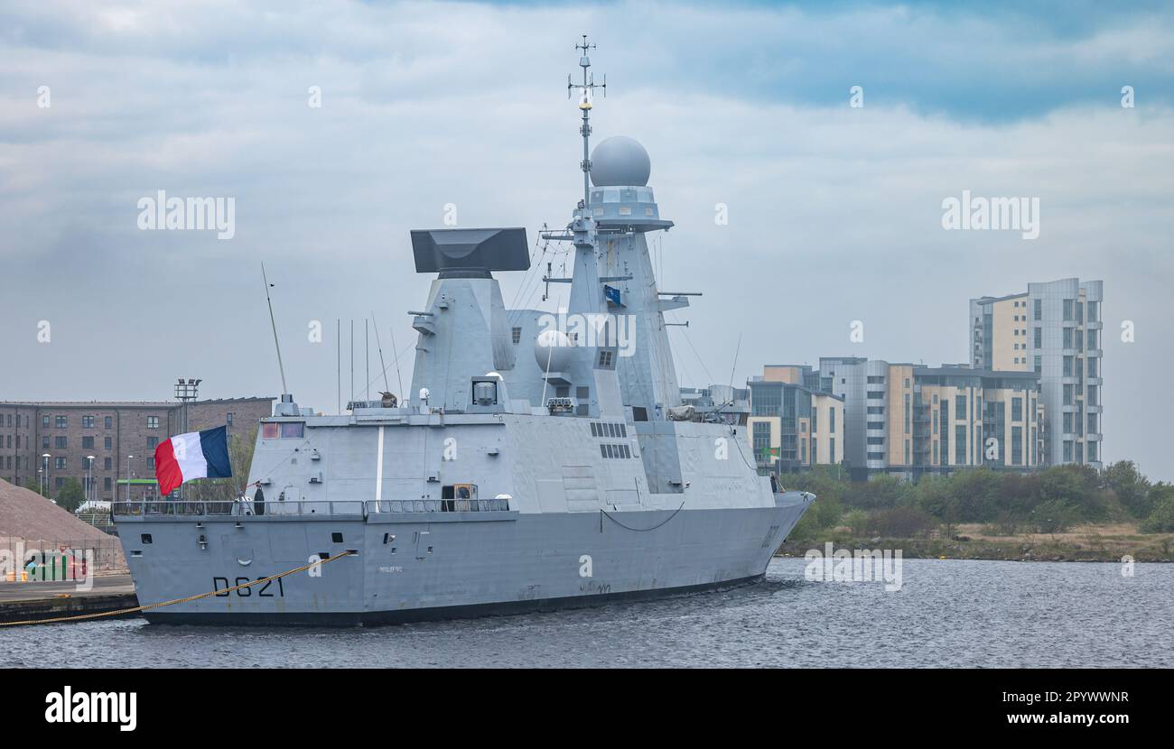 Leith Harbour, Edinburgh, Scotland, UK, 5th May 2023. French Navy Frigate FS Chevalier Paul ...