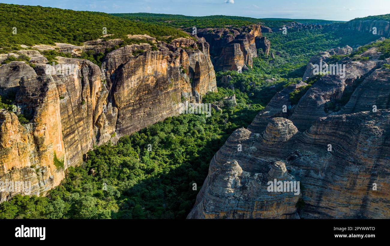 Aerial of the Sandstone cliffs in the Unesco site Serra da Capivara ...