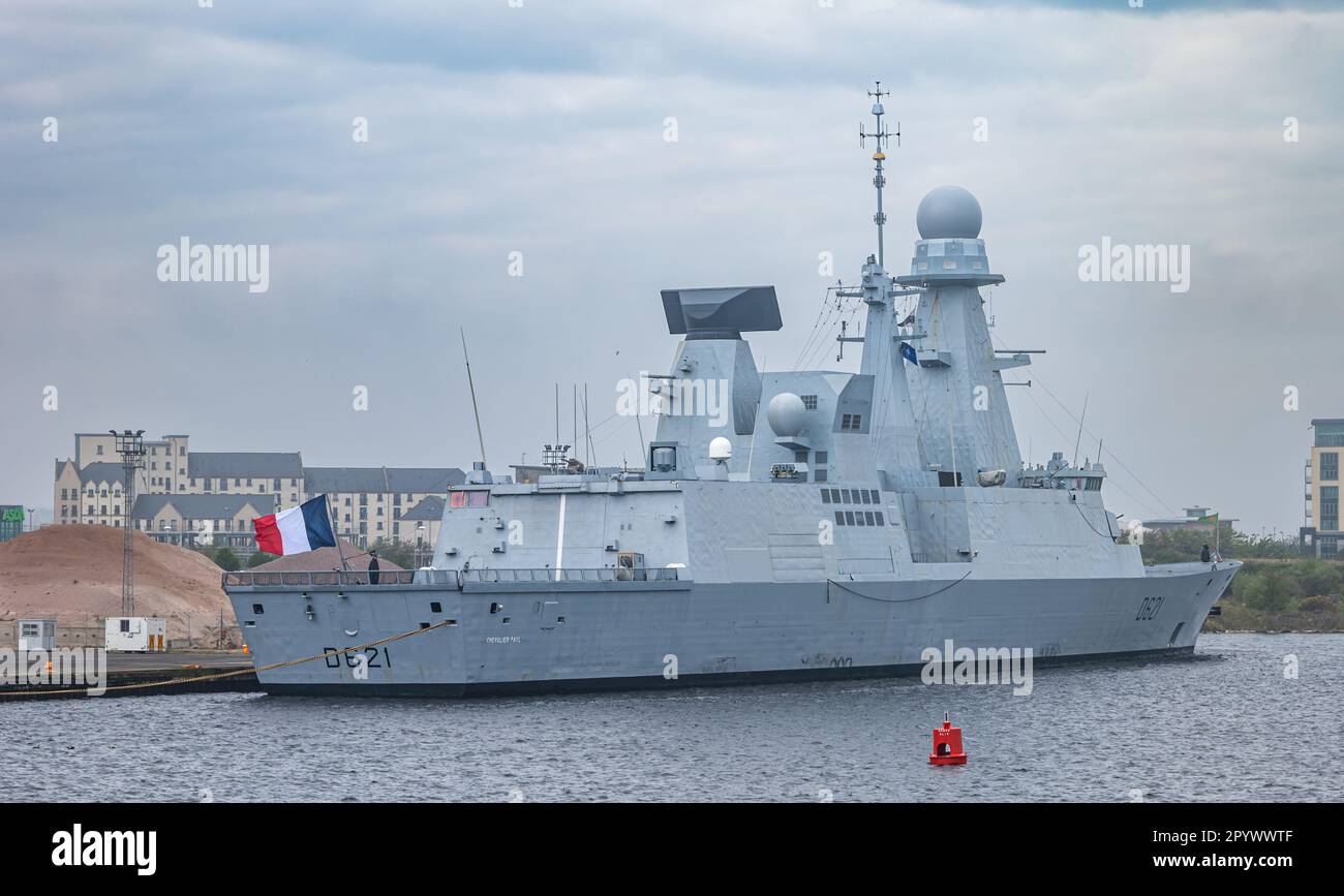 Leith Harbour, Edinburgh, Scotland, UK, 5th May 2023. French Navy Frigate FS Chevalier Paul ...