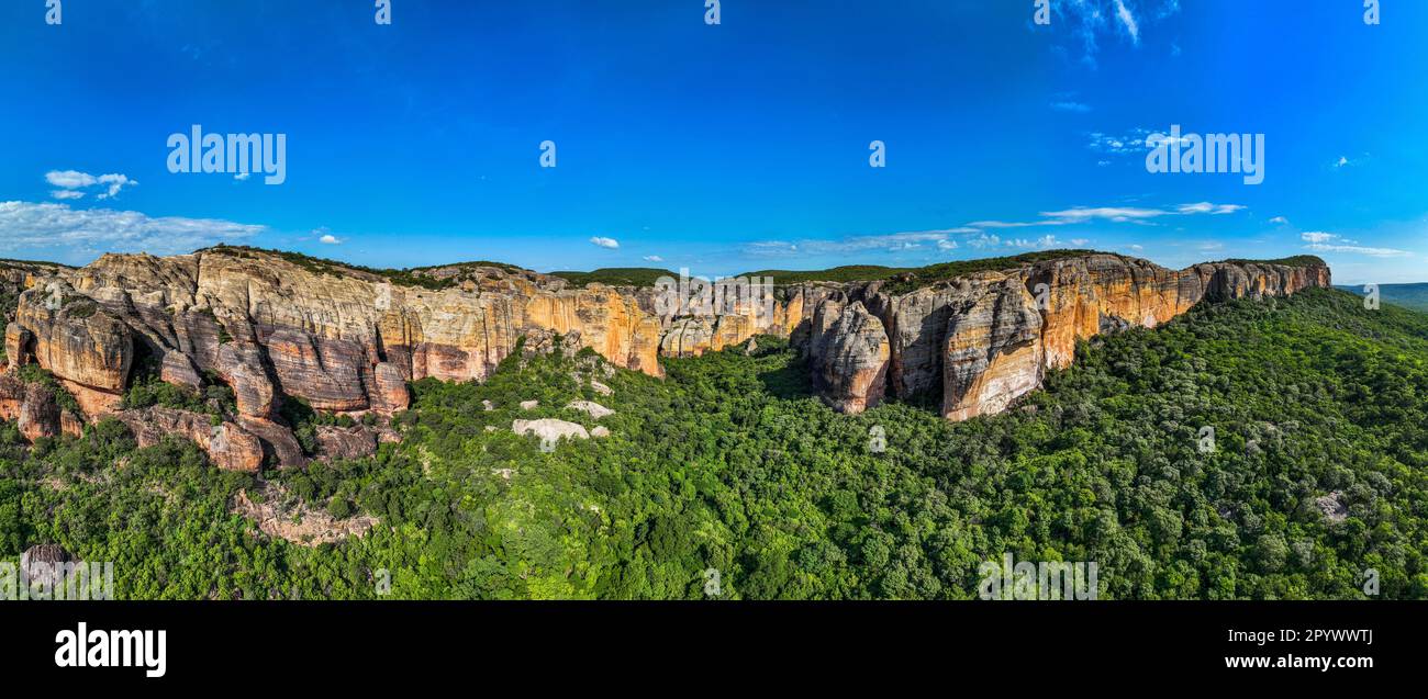 Aerial of the Sandstone cliffs in the Unesco site Serra da Capivara ...
