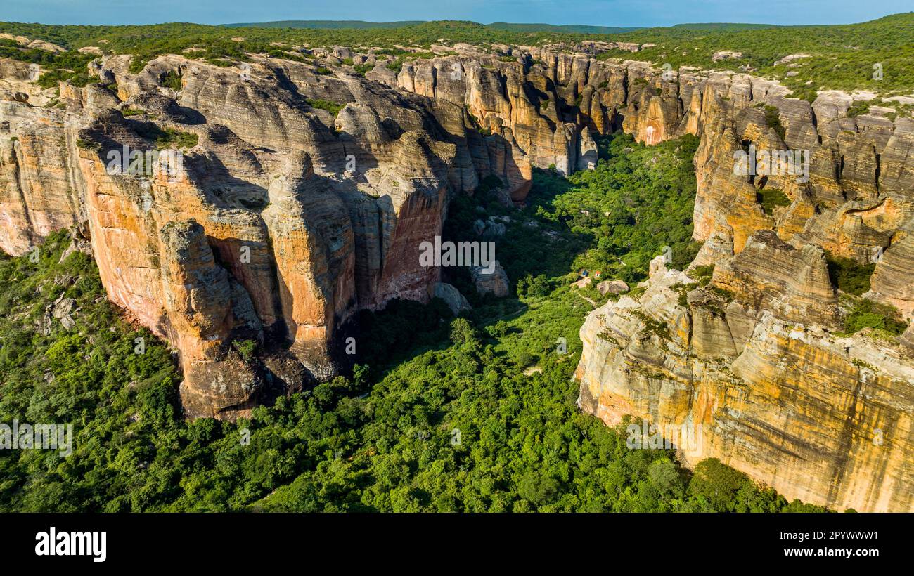 Aerial of the Sandstone cliffs in the Unesco site Serra da Capivara ...