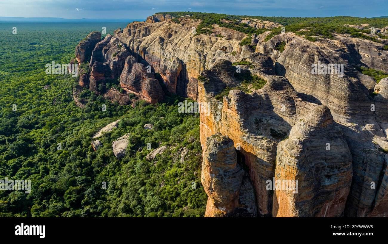Aerial of the Sandstone cliffs in the Unesco site Serra da Capivara ...