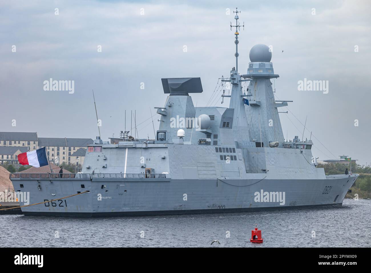 Leith Harbour, Edinburgh, Scotland, UK, 5th May 2023. French Navy Frigate FS Chevalier Paul ...