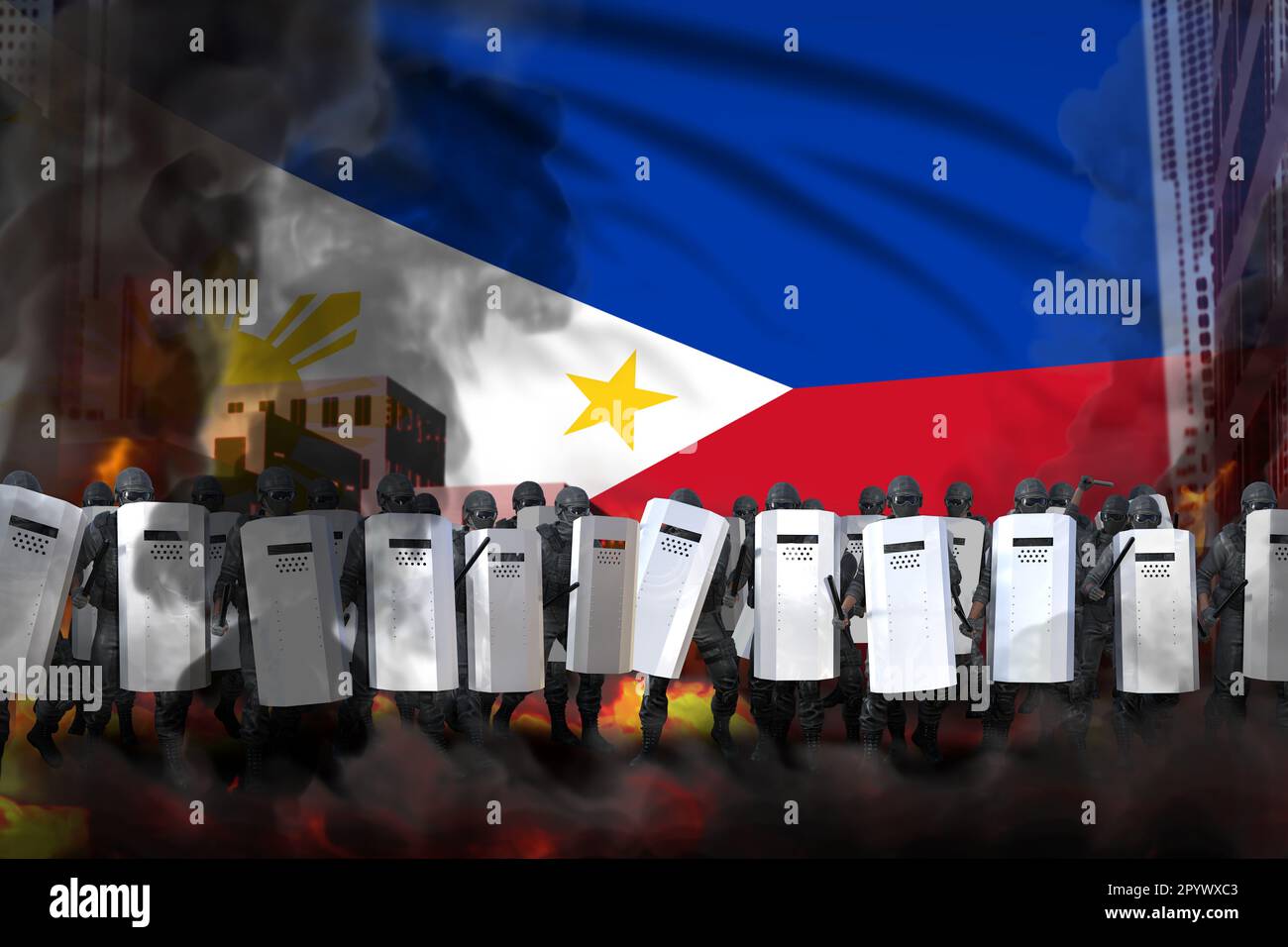 Philippines protest fighting concept, police squad on city street are ...