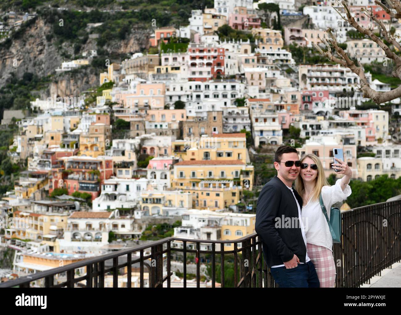 Positano, Italy. 3rd May, 2023. Tourists take a selfie in Positano town ...