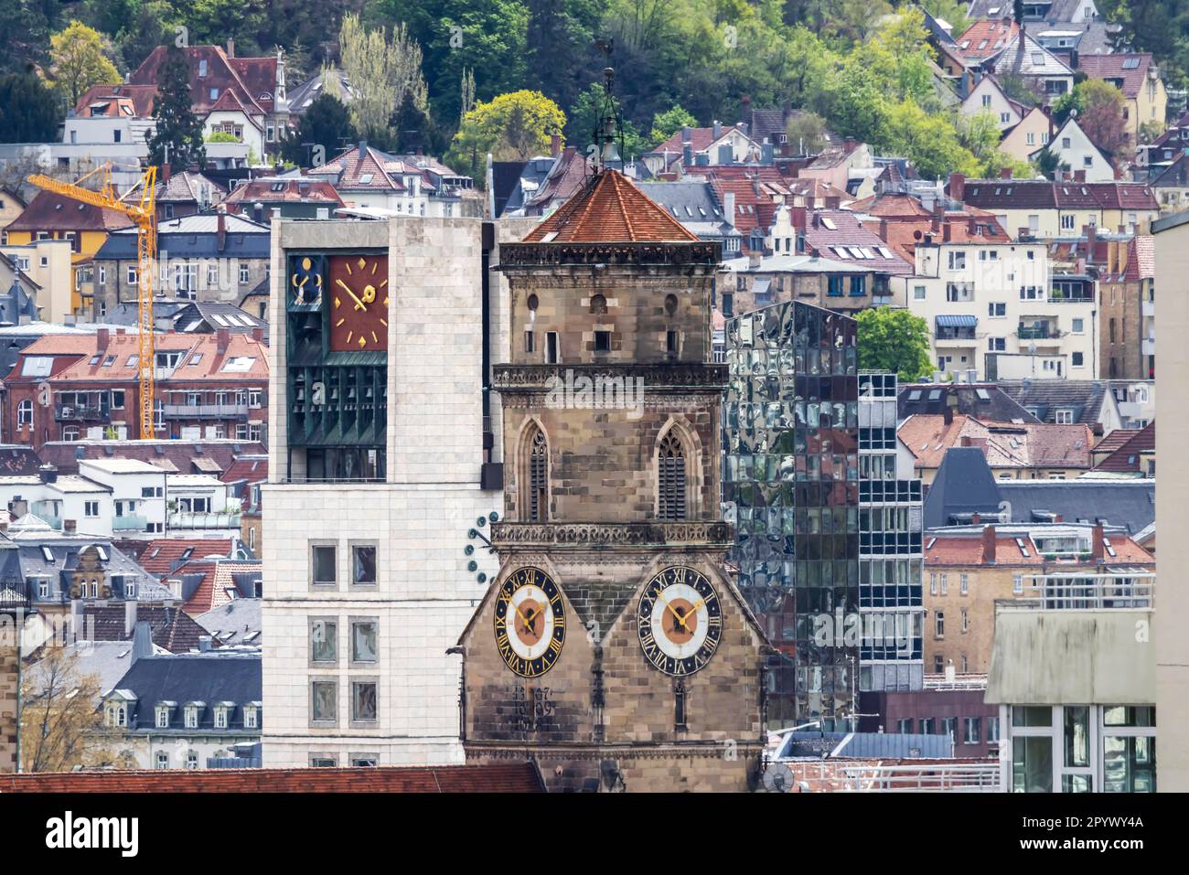 Towers of collegiate church and town hall, city view, Stuttgart, Baden ...