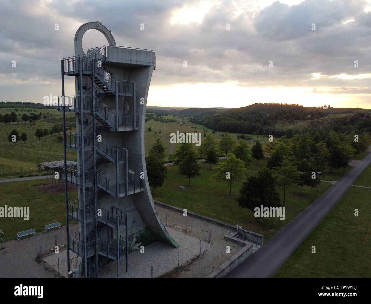 The climbing tower in the Buga area, sunset in background Stock Photo ...