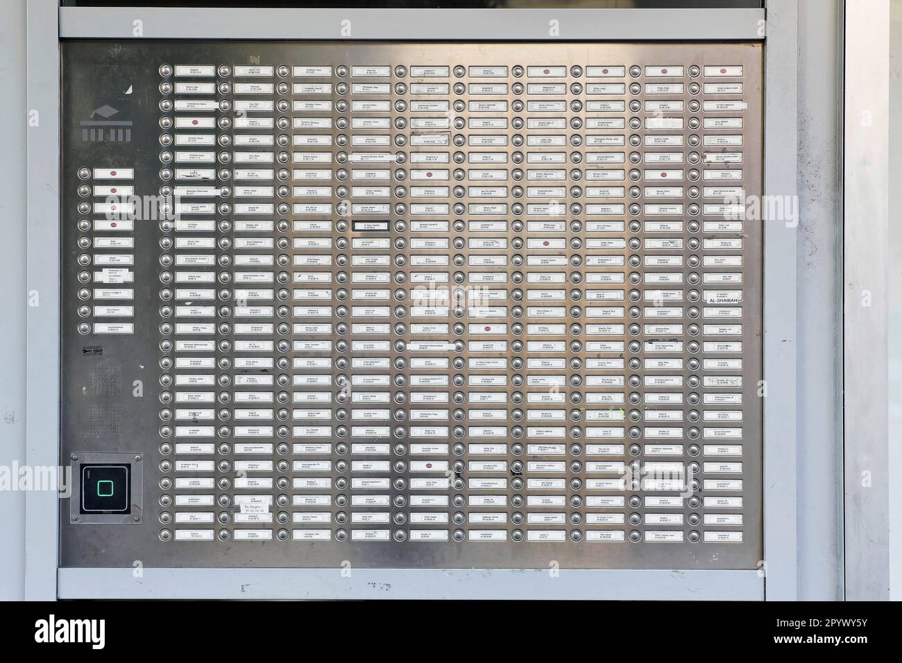 Doorbell, bell buttons on a high-rise building, anonymous living in a ...