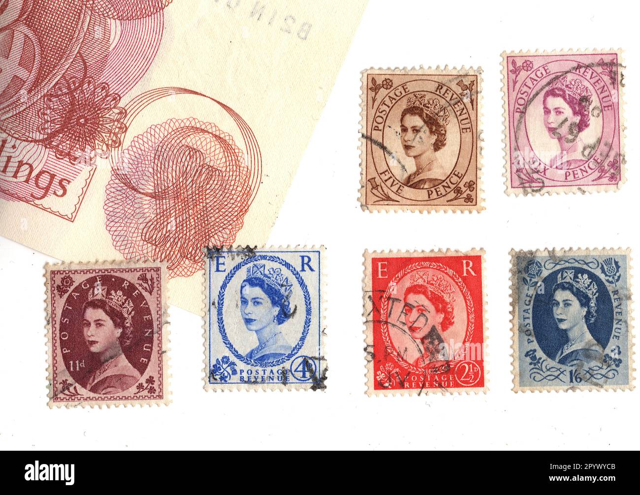Vintage postage stamps and a ten shilling note from the reign of Queen ...