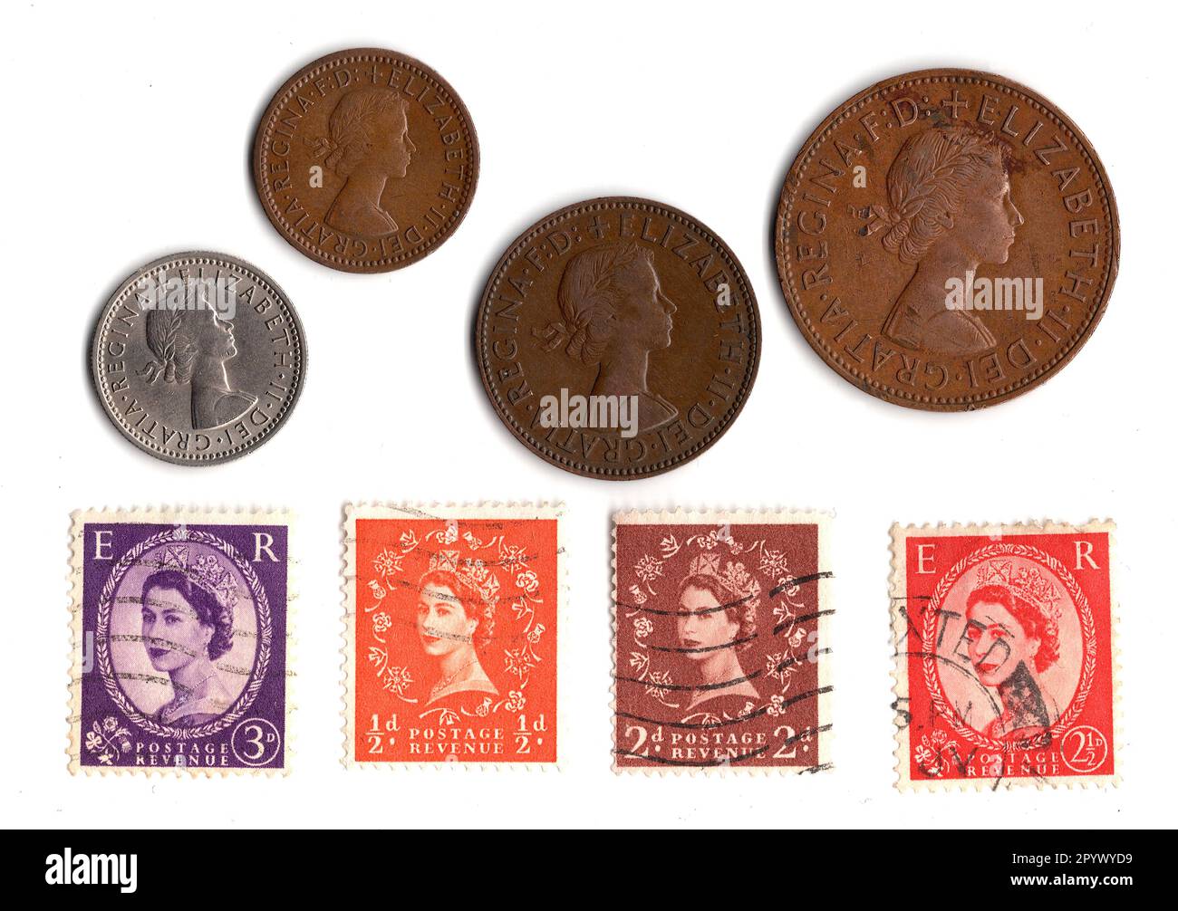 Vintage coins and stamps from the reign of Queen Elizabeth II isolated ...