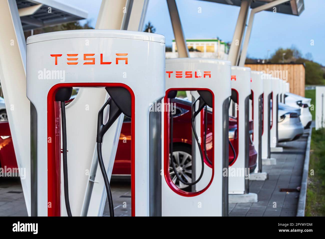 Tesla Supercharger, Leonberg, Baden-Wuerttemberg, Germany Stock Photo ...