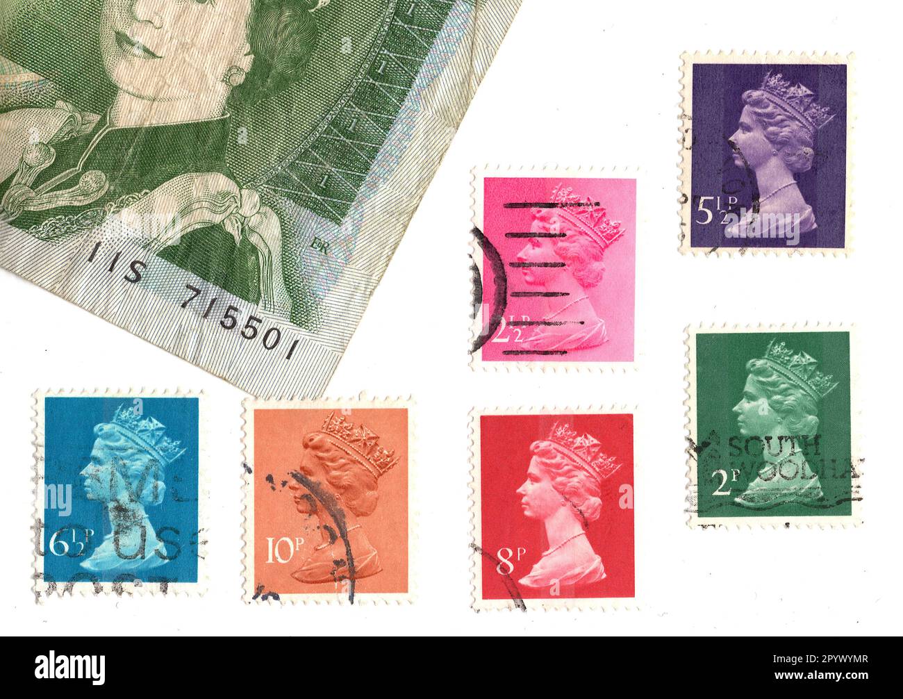 Vintage stamps and a one pound note from the reign of Queen Elizabeth ...