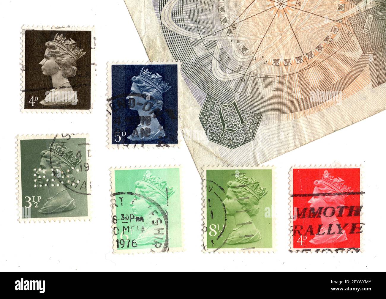 Vintage stamps and a one pound note from the reign of Queen Elizabeth ...
