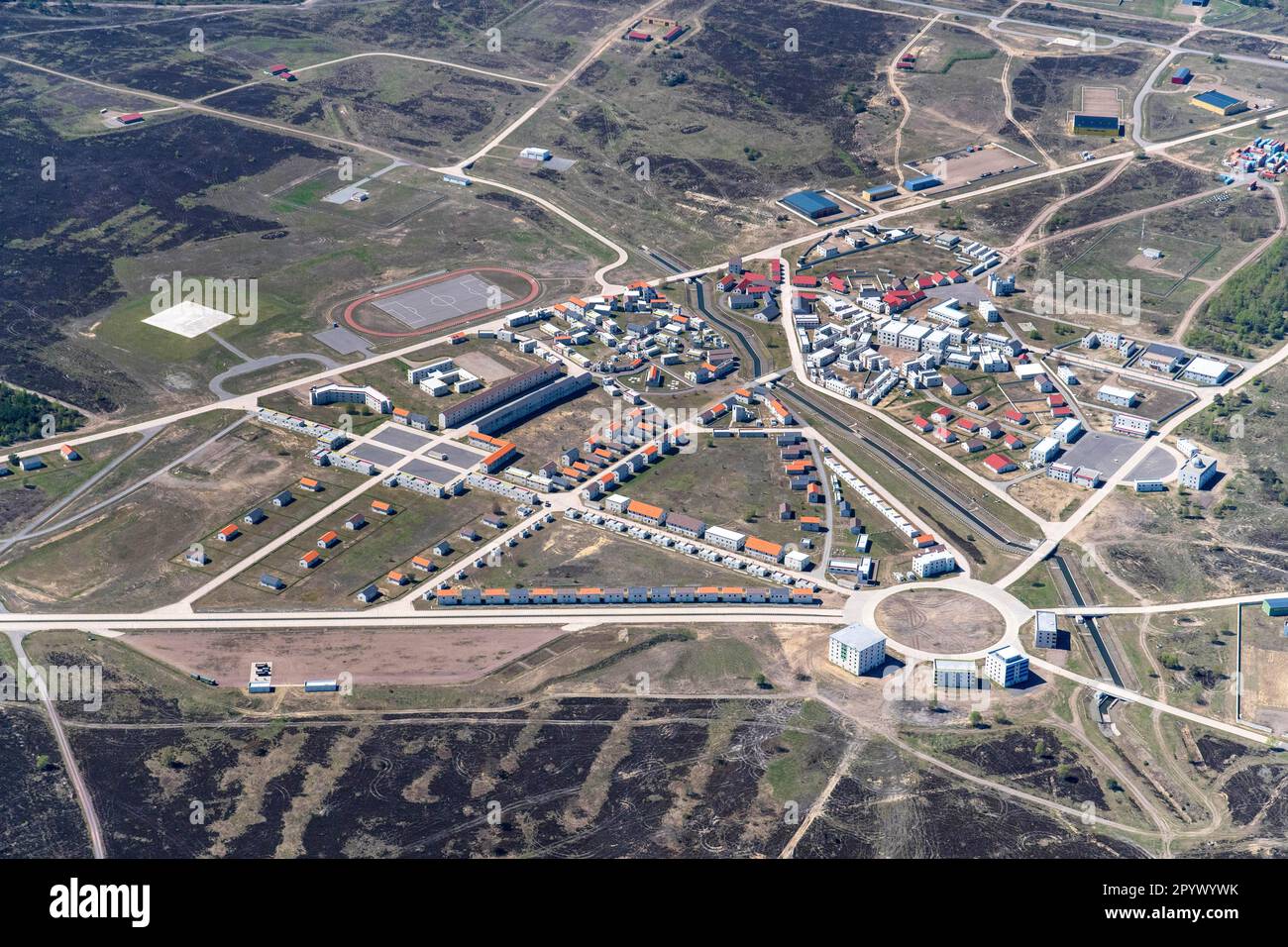 Aerial view of the Army Combat Training Centre, Altmark, training town, Bundeswehr, military ...