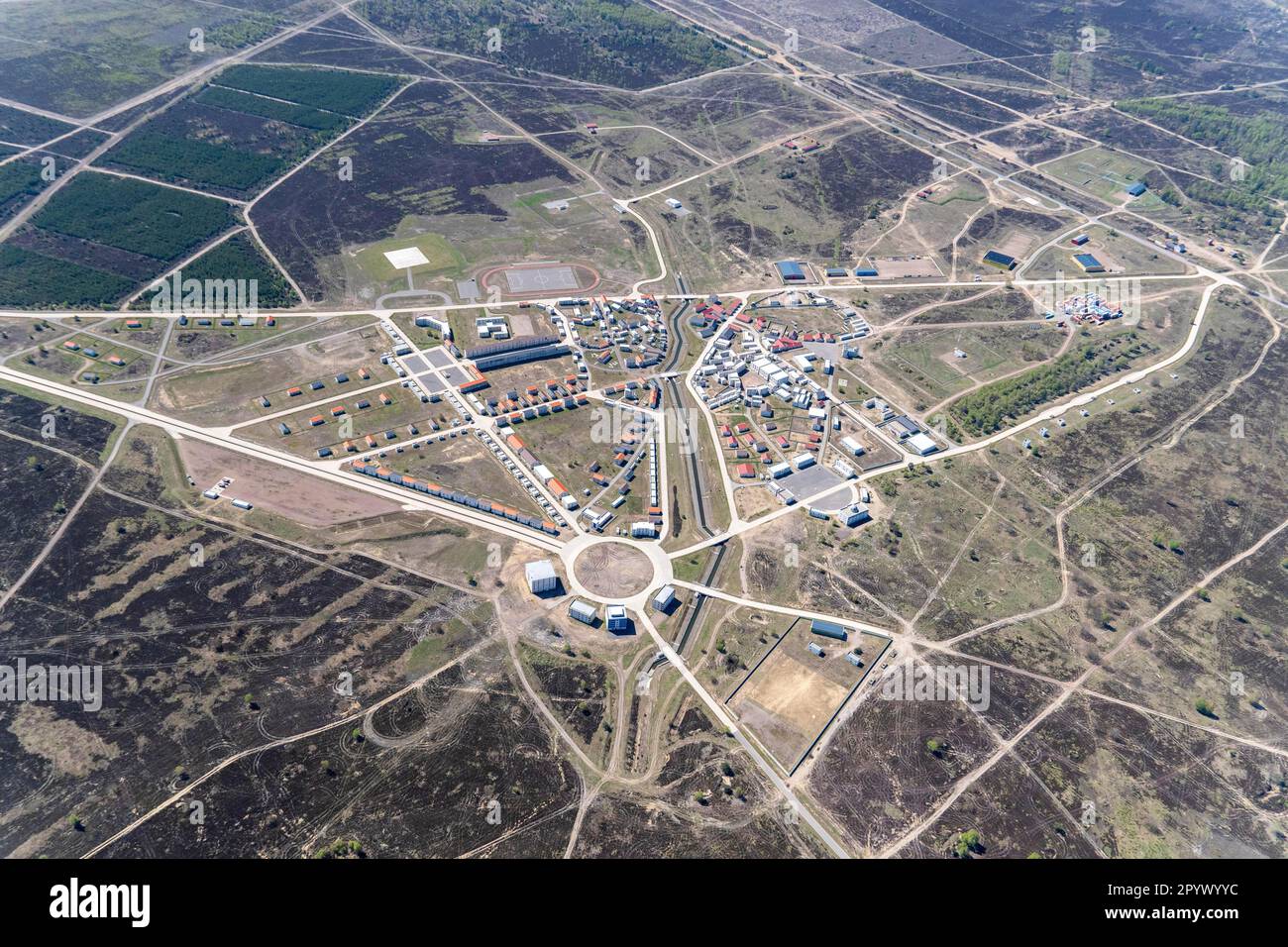 Aerial view of the Army Combat Training Centre, Altmark, training town, Bundeswehr, military ...