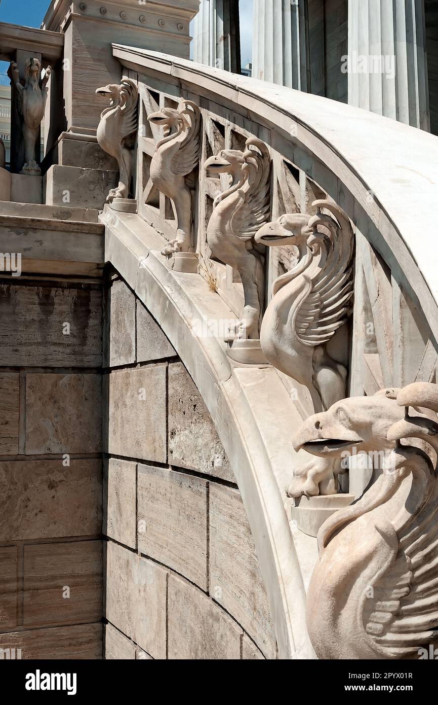 Gryphons of the stairs of National Library of Greece in Athens Stock ...