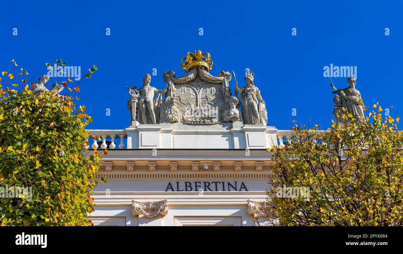 Golden Crown and Marble Statues on the Roof of the Albertina, Museum of ...