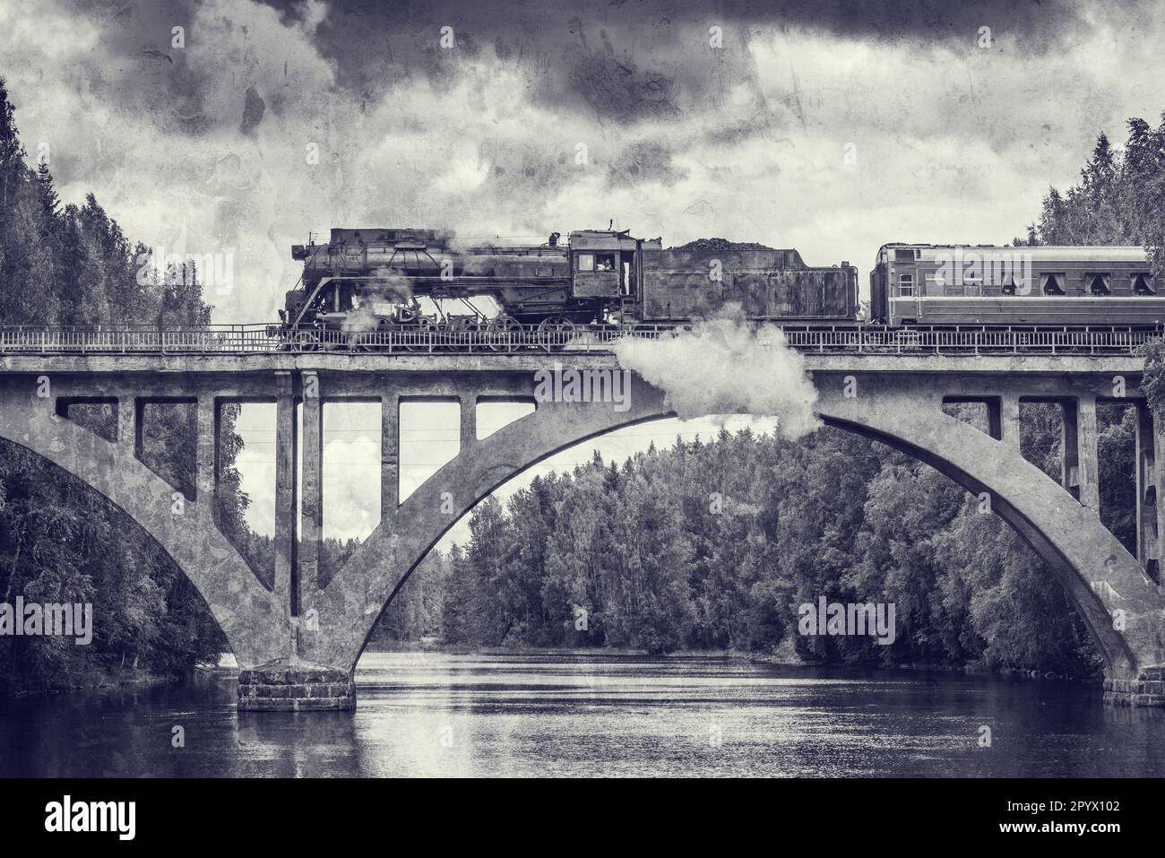 Retro steam train moves above the river Stock Photo - Alamy