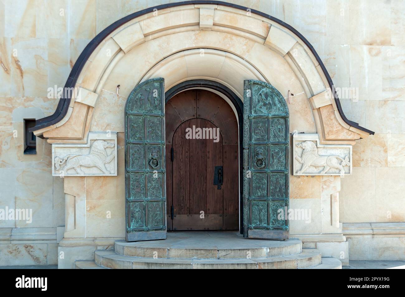 Entrance to cathedral of Archangelo-Mikhailovsky Zverinetsky monastery ...