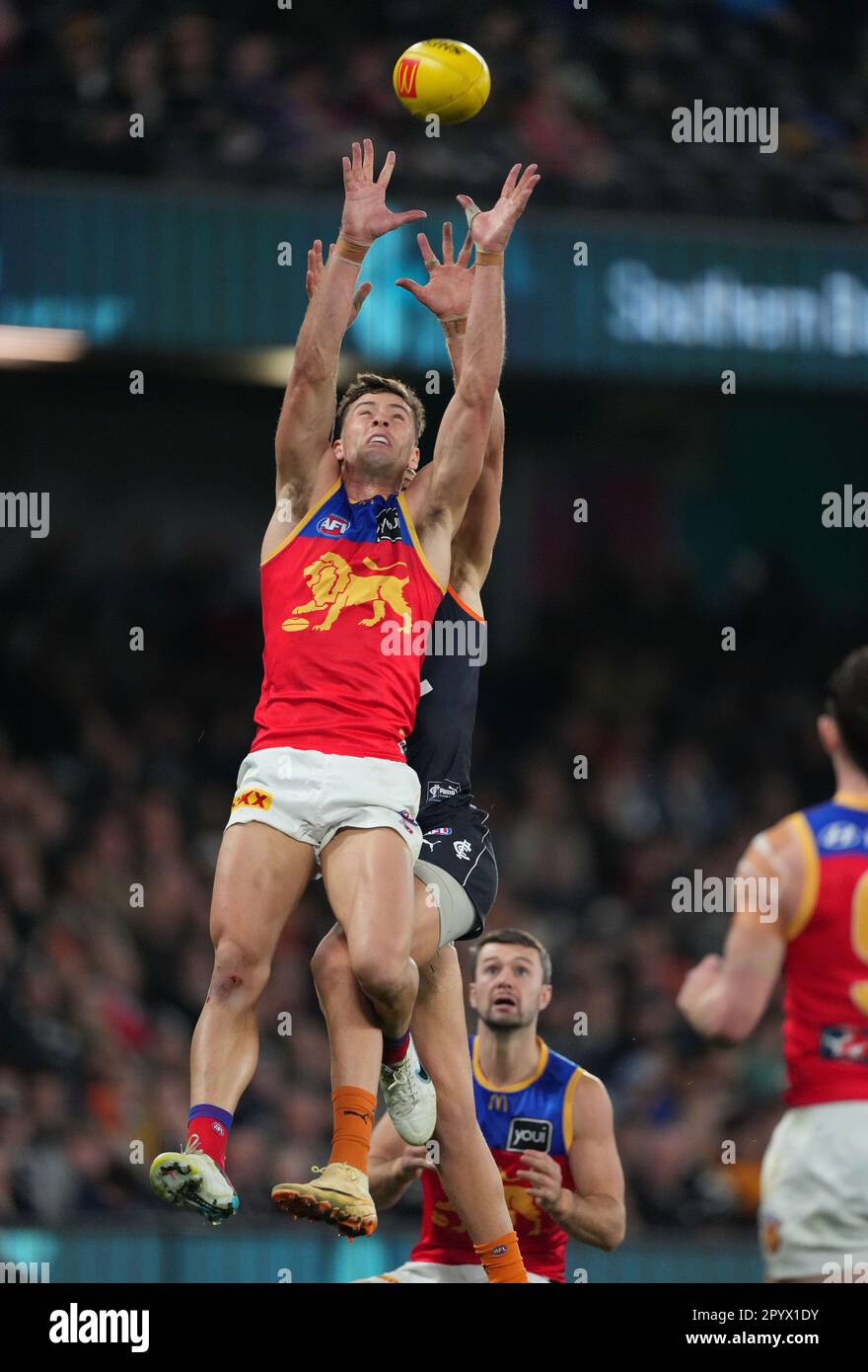 Josh Dunkley of the Lions marks the ball during the AFL Round 8 match ...