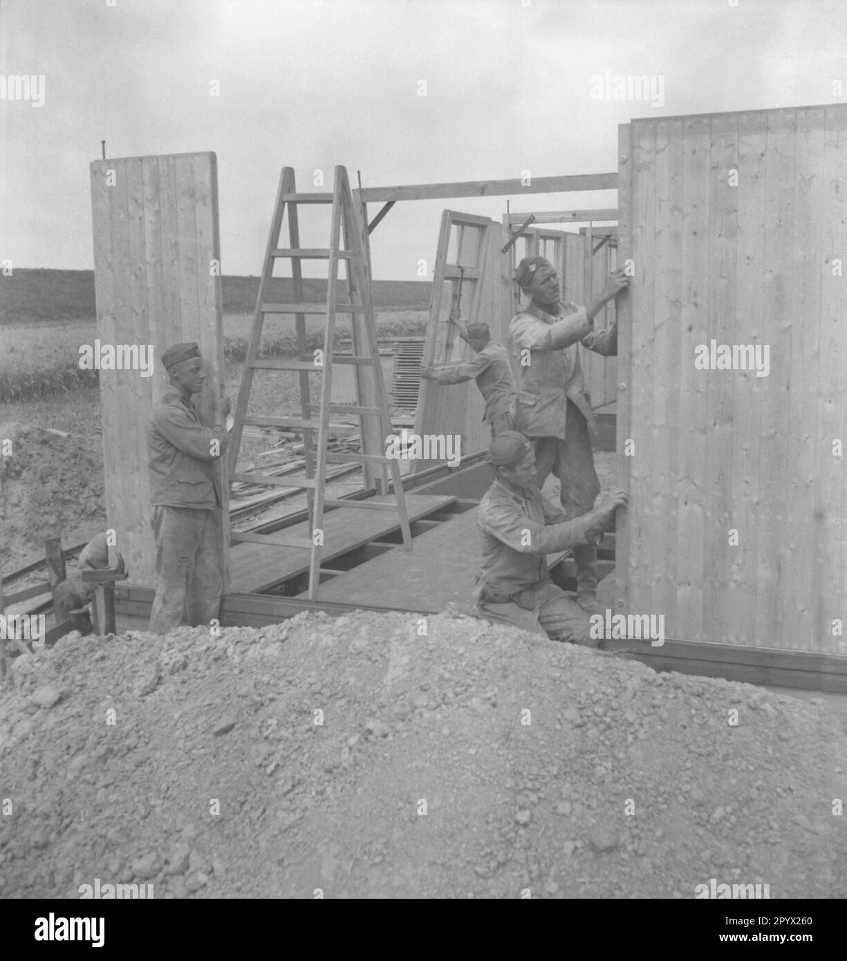 Members of the Reich Labor Service build a barracks in the Koog ...