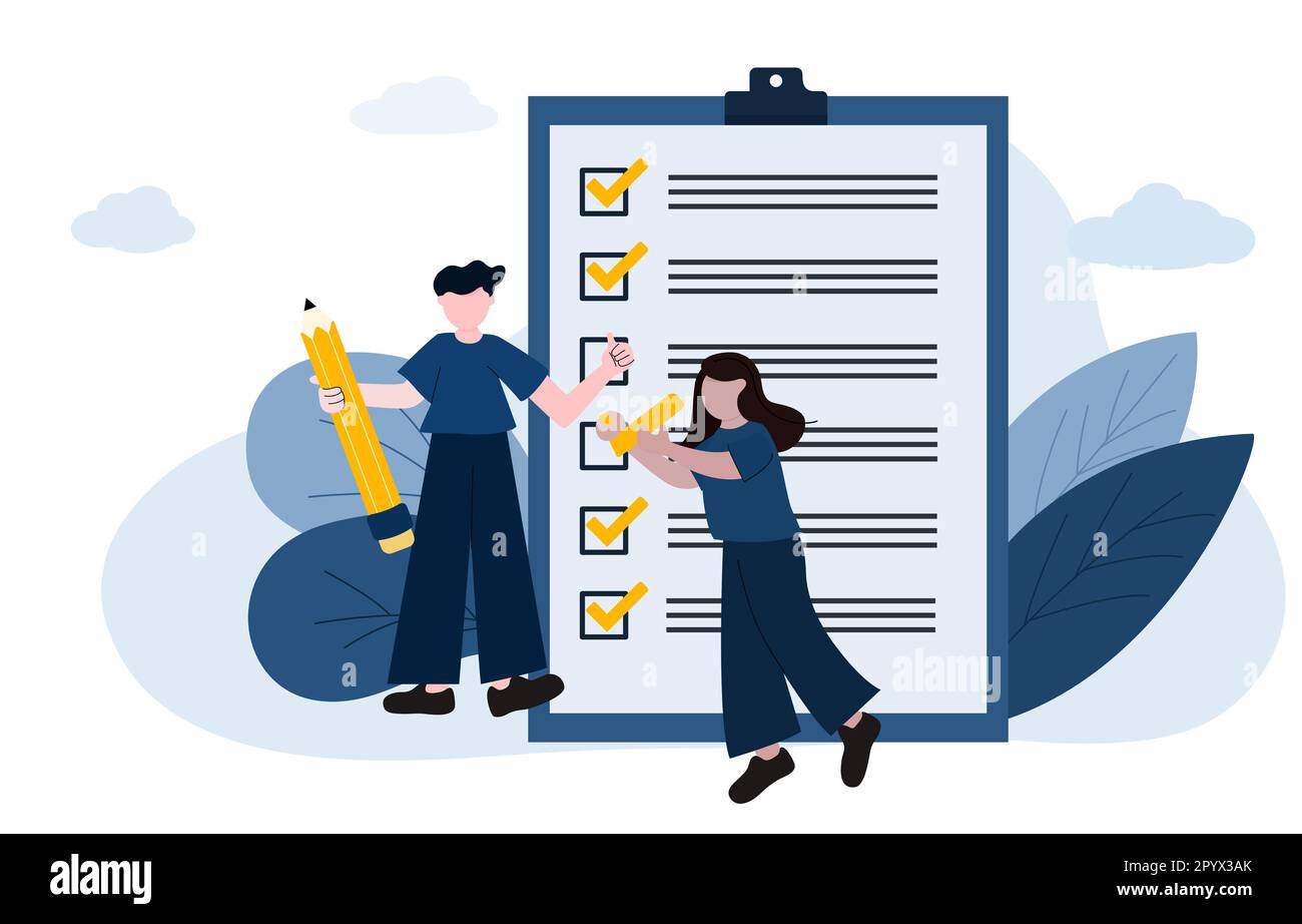 People checking giant check list with big pencil. Woman marked ...