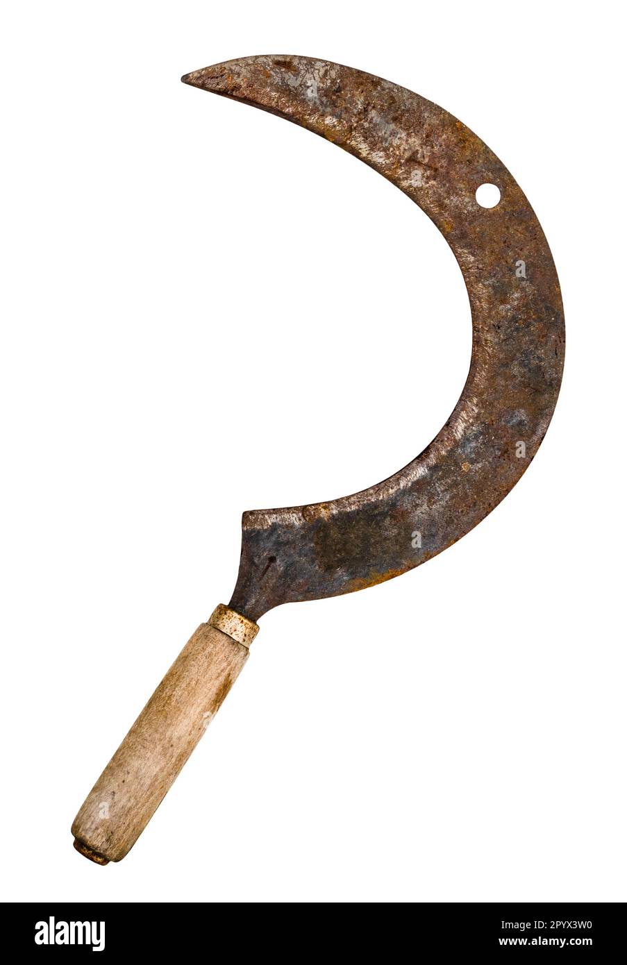 old rusty sickle with wooden handle cutout on white background Stock ...
