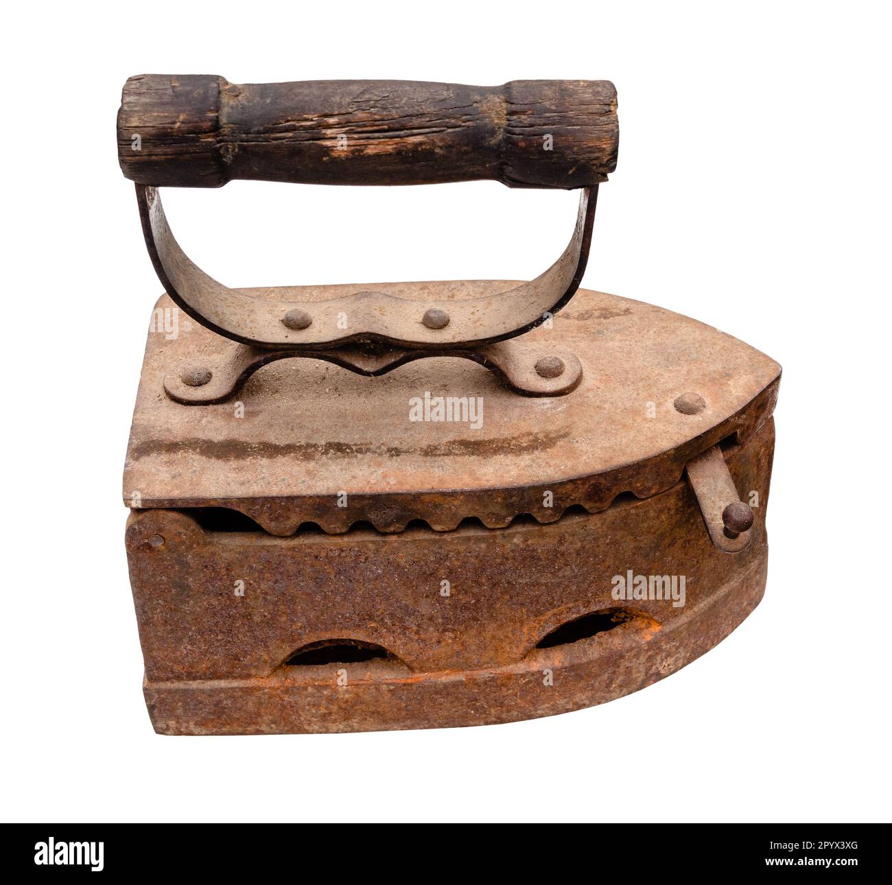 side view of rusty charcoal iron cutout on white background Stock Photo ...