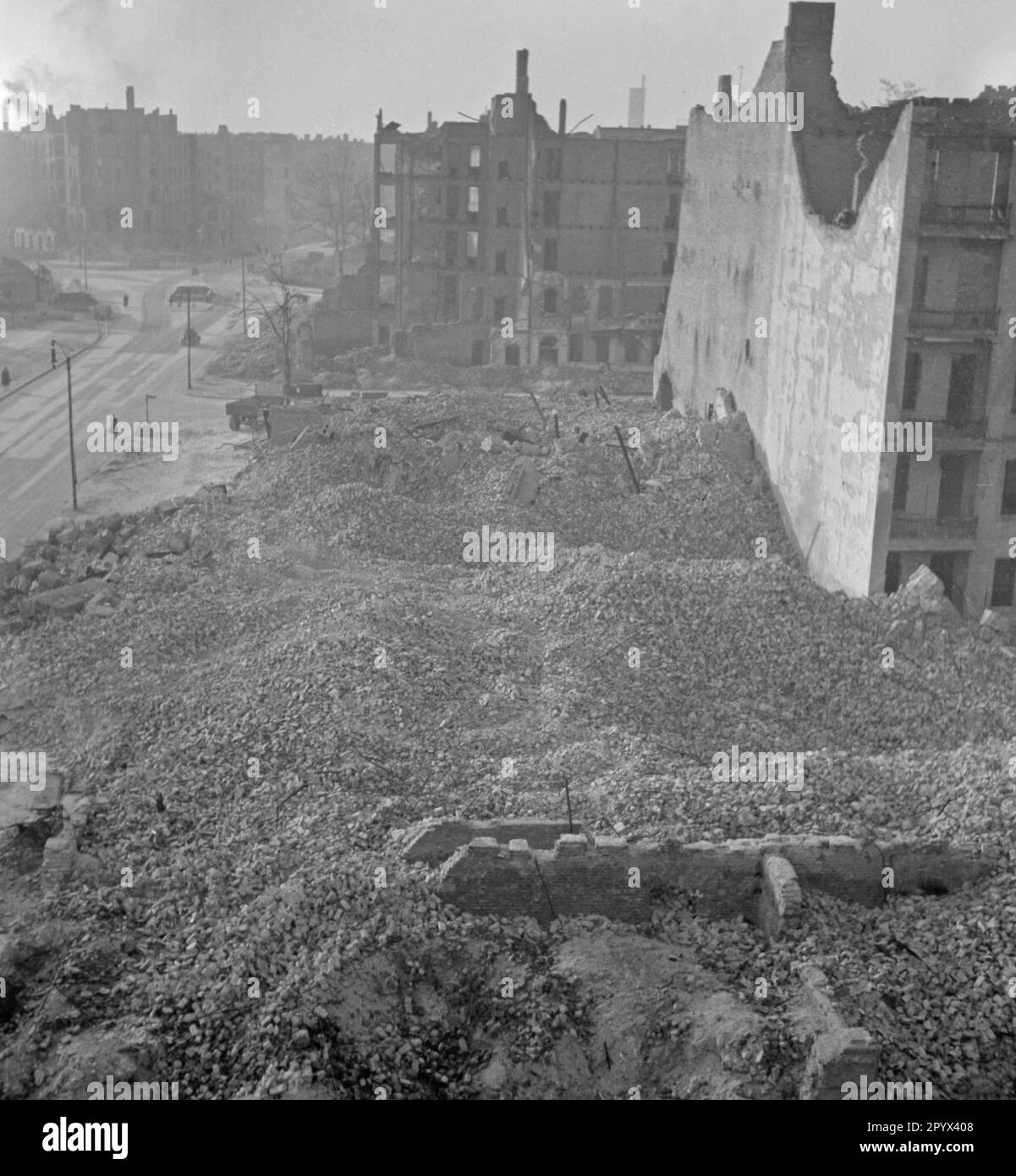 Undated photo of a heap of rubble in Berlin, presumably West Berlin ...