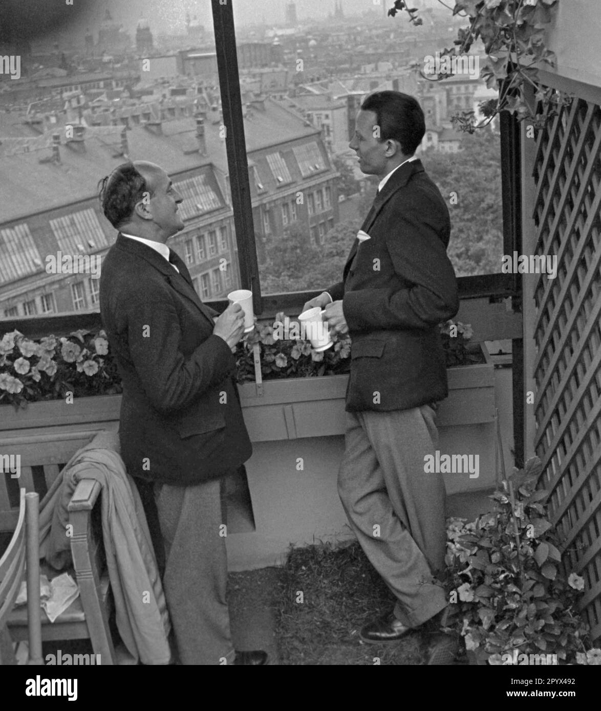 Undated photo of two men on the roof terrace of Cafe Europa in the ...