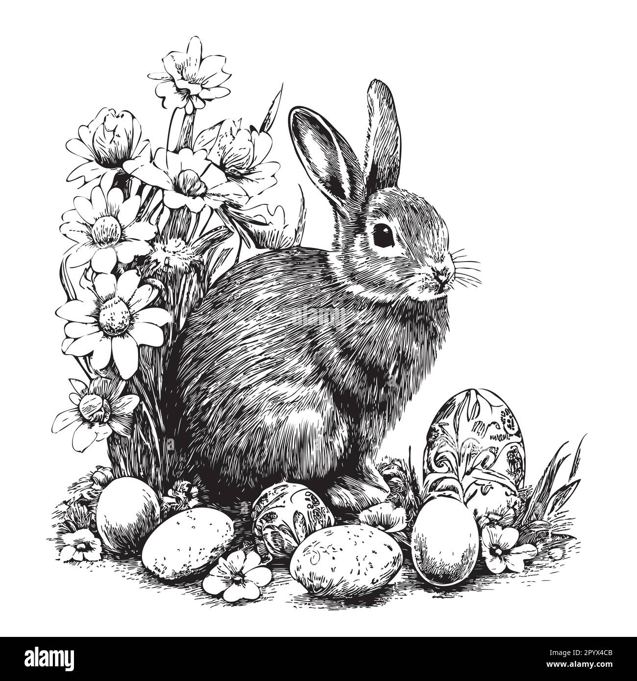 Easter bunny in flowers and with eggs hand drawn sketch in doodle style ...