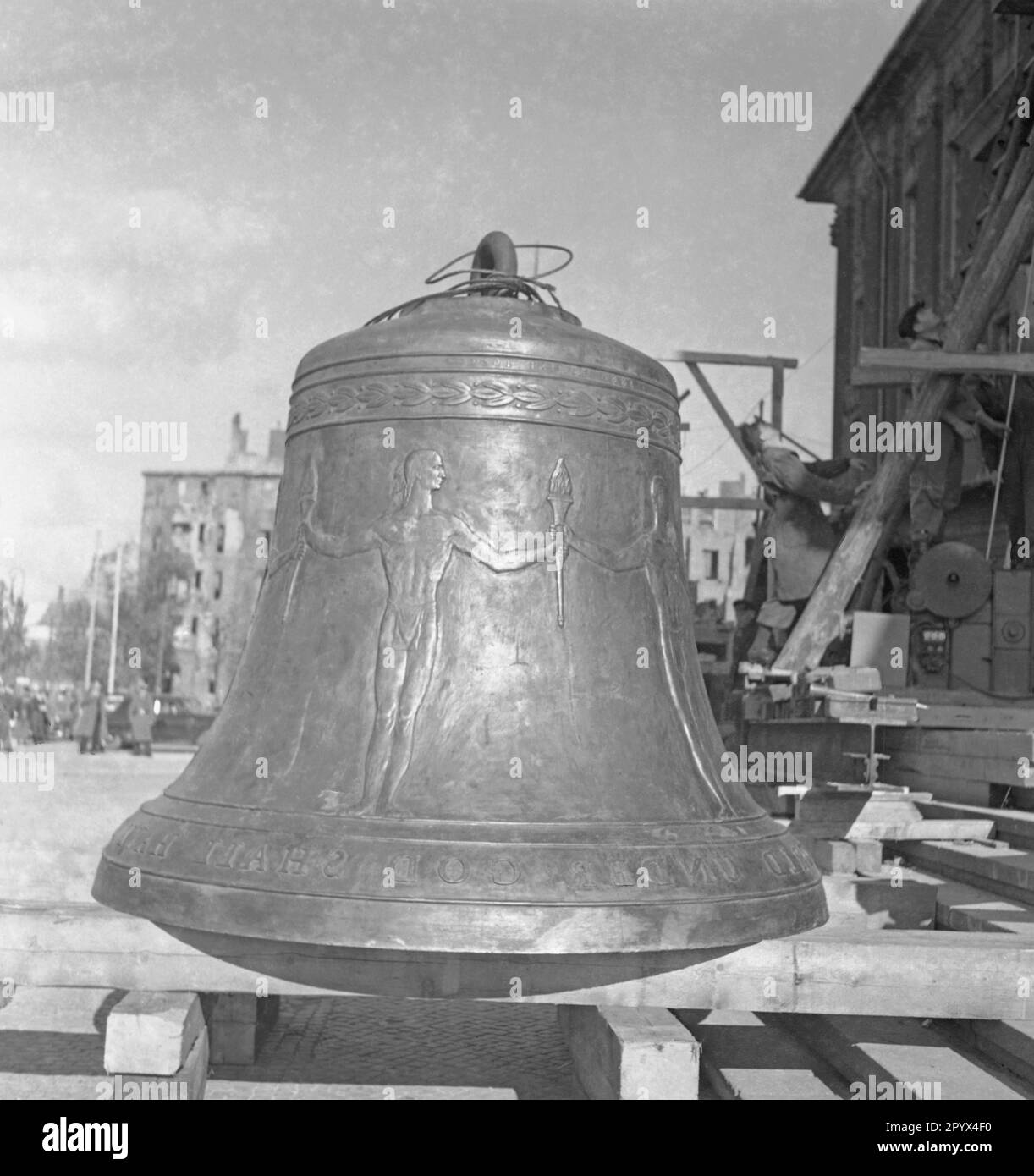 Photo of the Freedom Bell on a wooden frame just before its ...