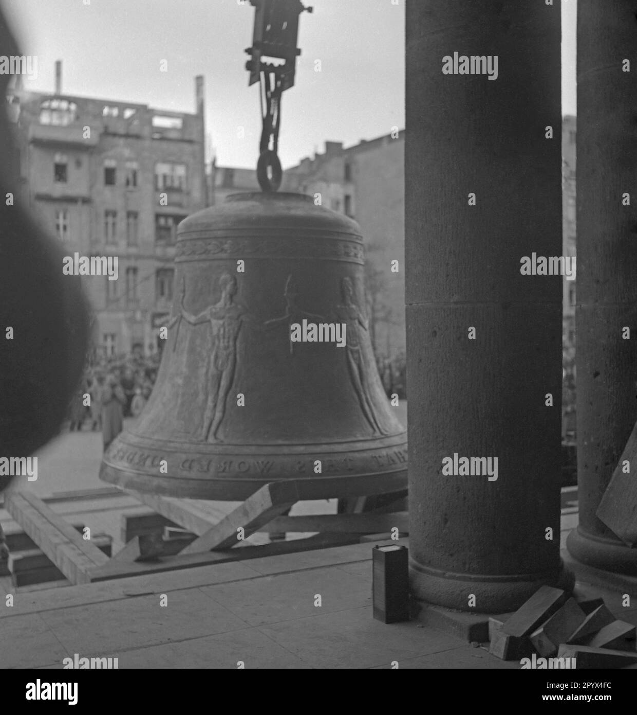 Photo of the Freedom Bell on a wooden frame just before its ...