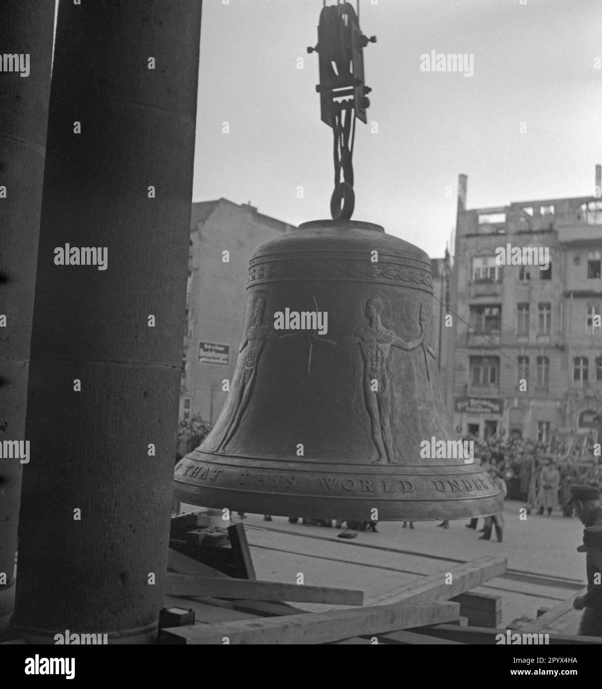 Photo of the Freedom Bell on a wooden frame just before its ...