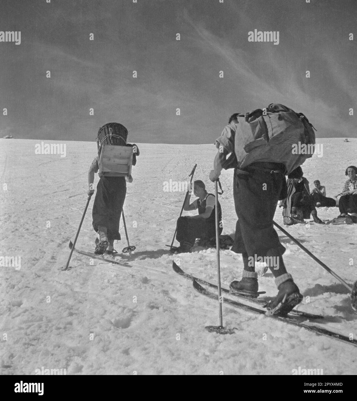 "View of a group of skiers ascending a high alpine pasture in a ...