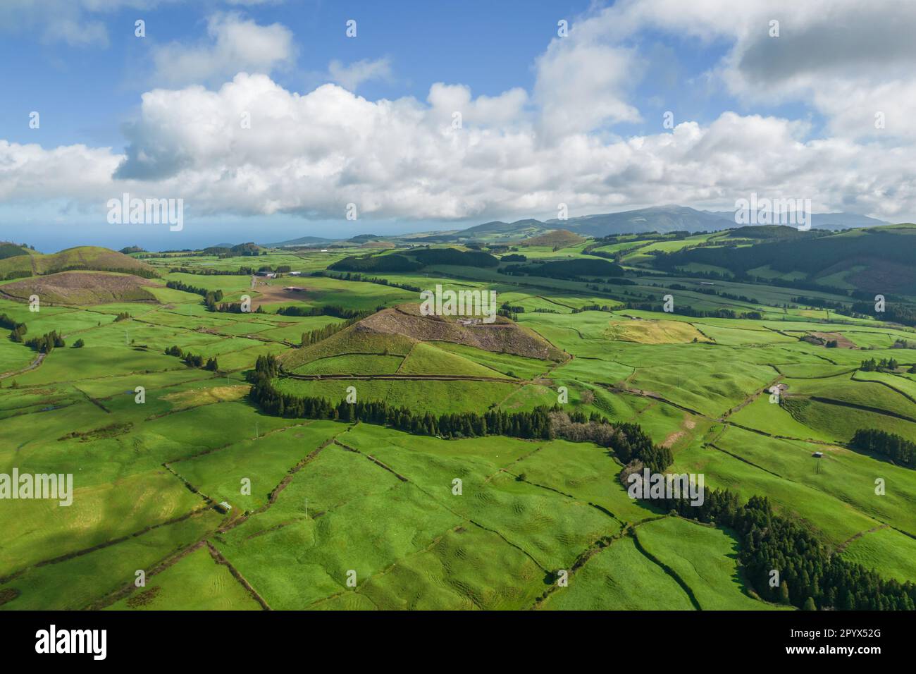 Aerial view of the landscapes on Sao Miguel Island, green farmland and ...
