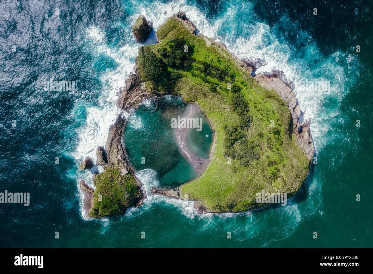 Azores aerial view. Top view of the Island of Vila Franca do Campo ...