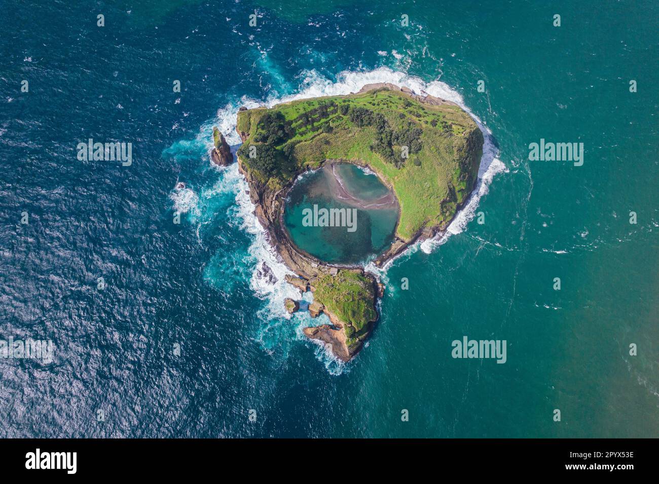 Azores aerial view. Top view of the Island of Vila Franca do Campo ...