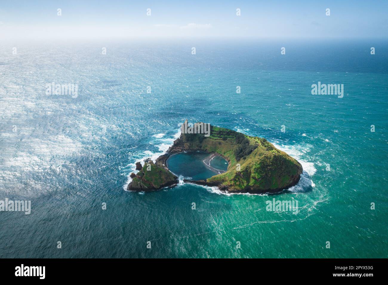Azores aerial view. Top view of the Island of Vila Franca do Campo ...